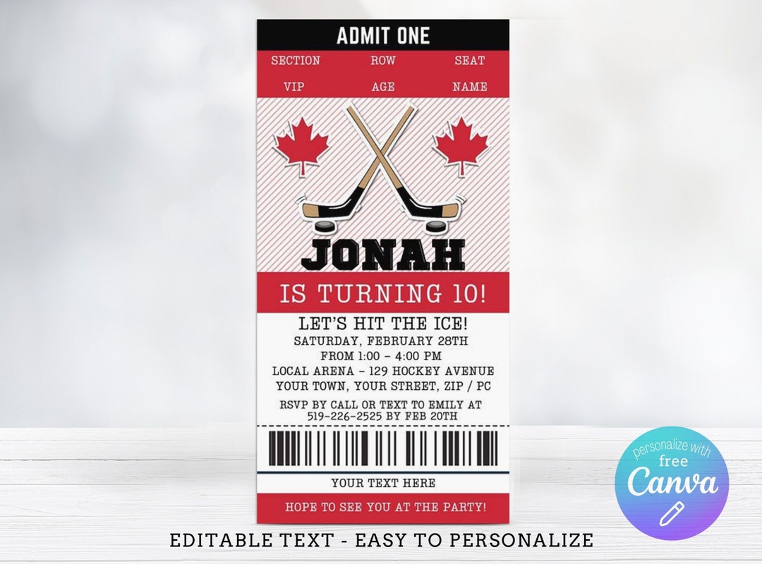 Editable Hockey Birthday Invitation Thank You Tag Team Canada Hockey ...