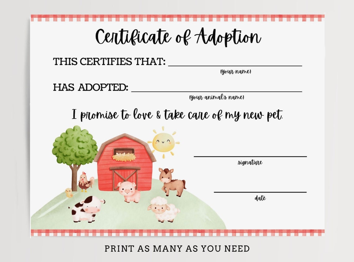 Adopt an Animal Adoption Certificate and Sign Adopt a Farm - Etsy