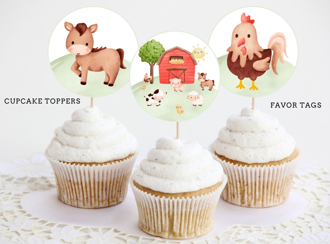 Farm Birthday Cupcake Toppers, Barnyard Favor Tags, Farm Birthday Party ...