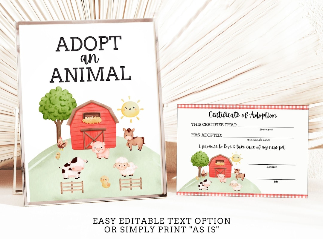 Adopt an Animal Adoption Certificate and Sign, Adopt a Farm Animal ...