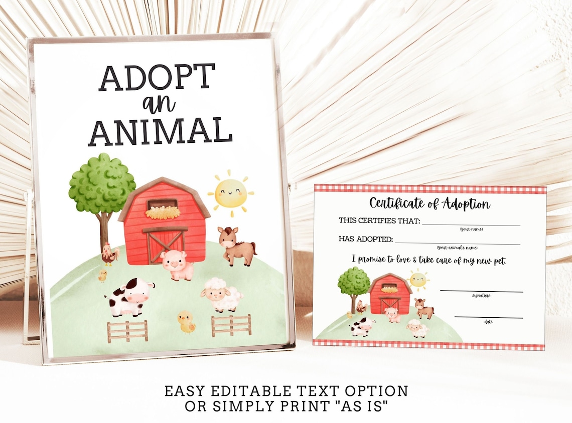 Adopt an Animal Adoption Certificate and Sign Adopt a Farm - Etsy
