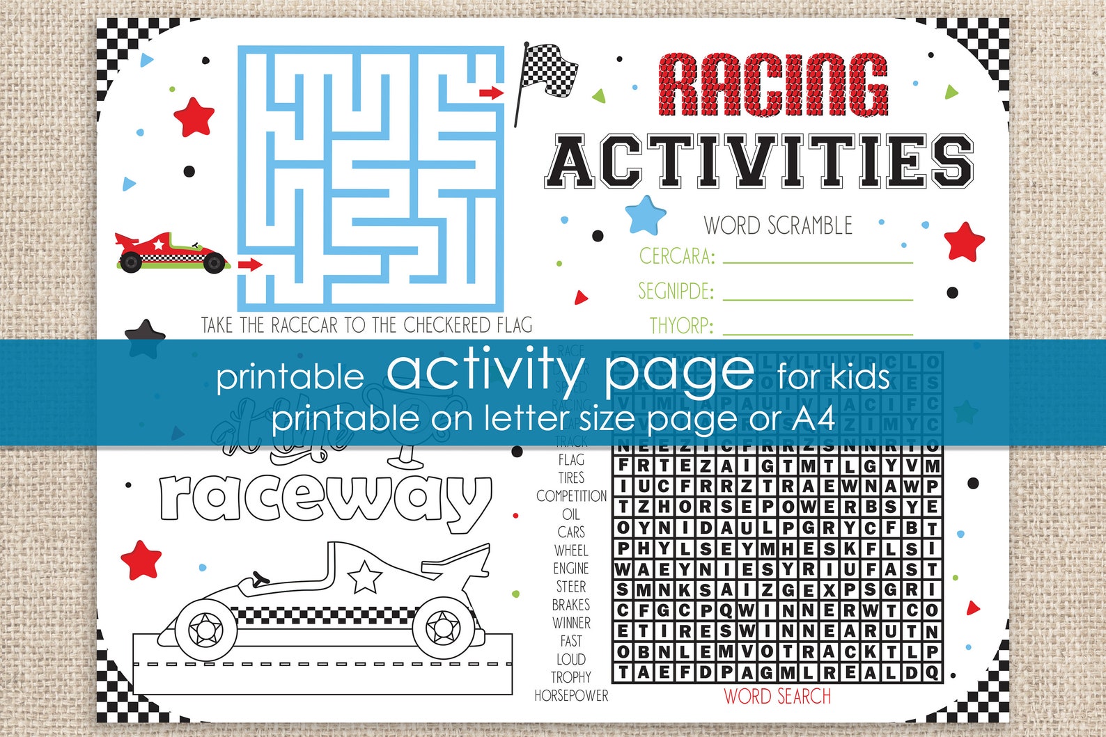 Racing Birthday Party Printable Activity Race Car Activity - Etsy