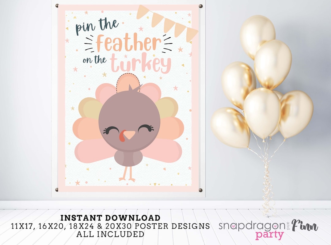 Pink Pin the Feather on the Turkey Printable Party Game - 4 Poster ...