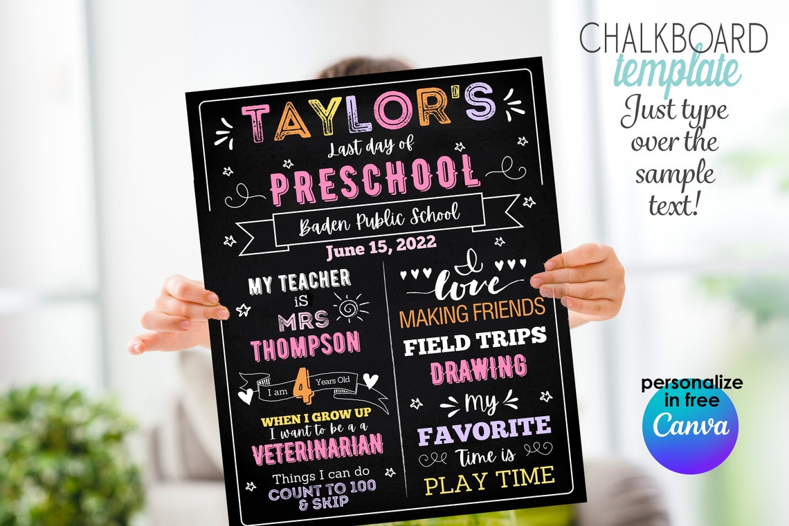 Pink Preschool Chalkboard - First Day of School Chalkboard - Last Day ...