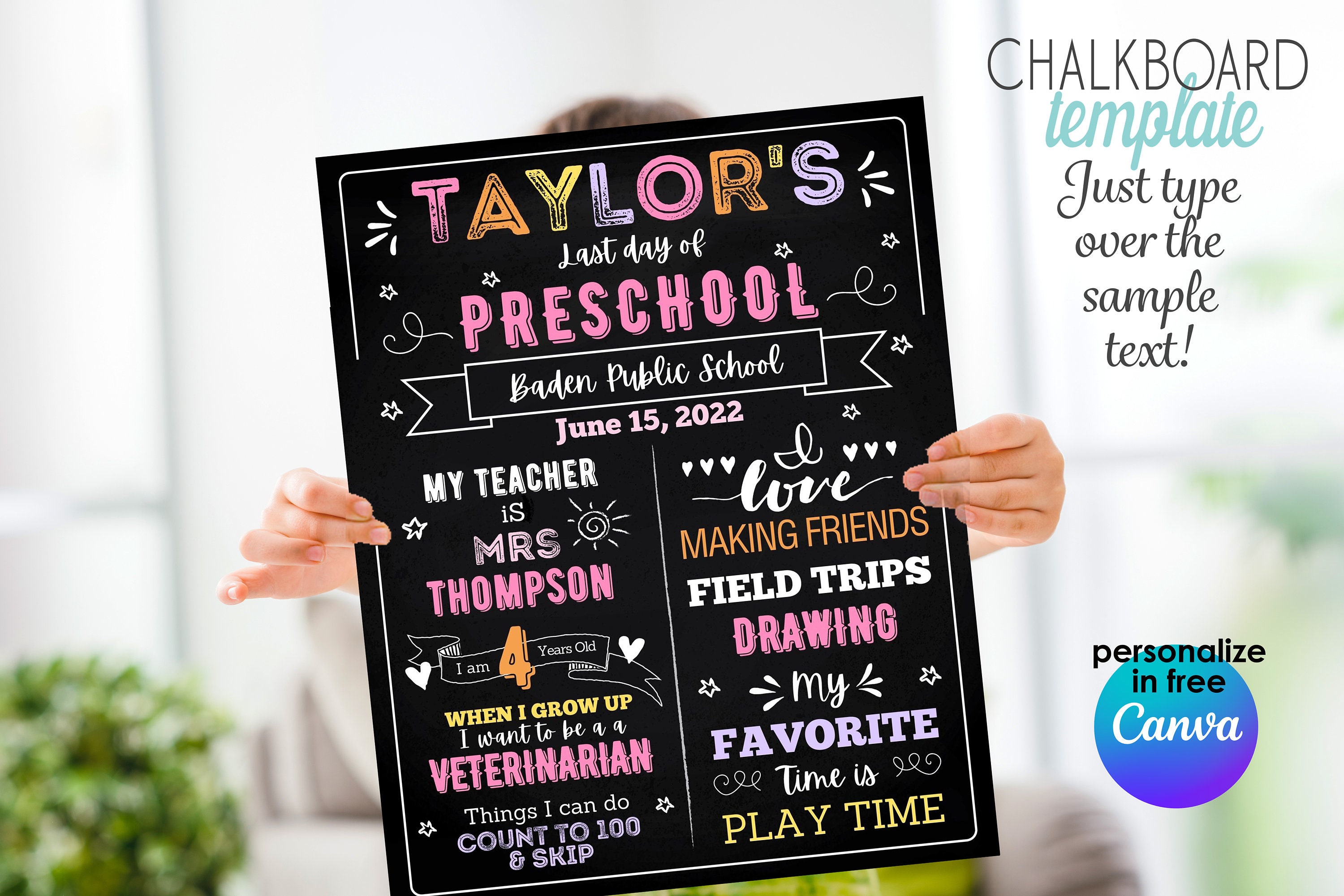 Pink Preschool Chalkboard - First Day of School Chalkboard - Last Day ...