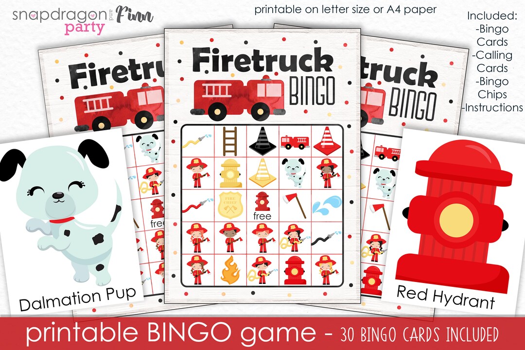 Firetruck Bingo Printable Party Game - 30 Bingo Cards - Firefighter ...