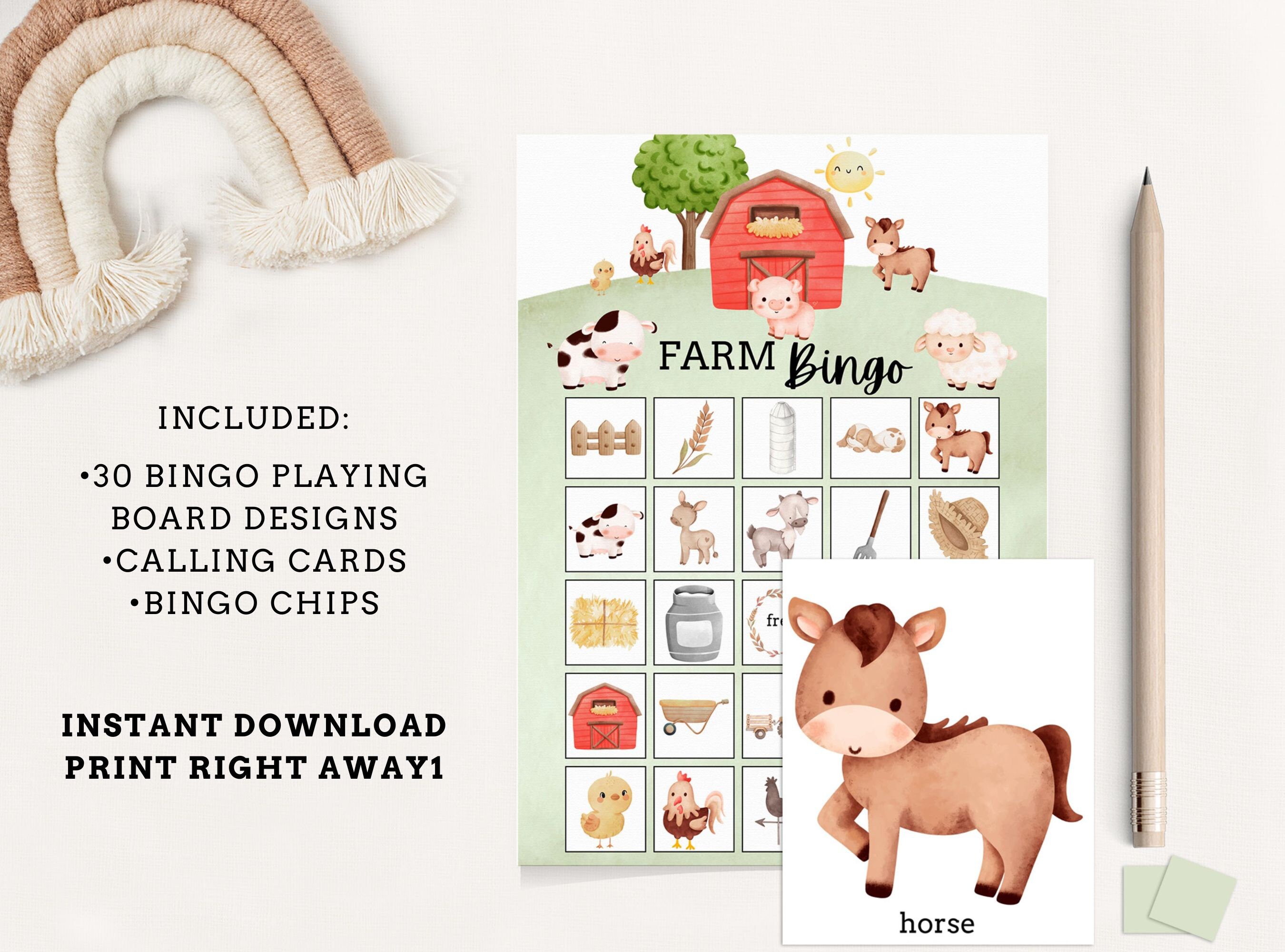 Farm Bingo Printable Party Game - 30 Bingo Cards - Barnyard Bingo ...