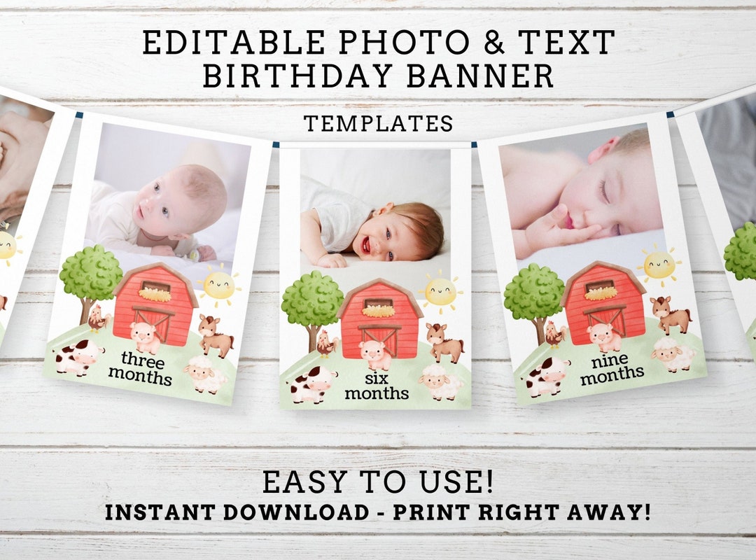 Editable Farm Animals 1st Birthday Banner, Farm Monthly Photo Birthday ...