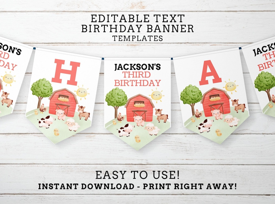 Editable Farm Animals Banner, Farm Birthday Banner, Farm Buntings ...