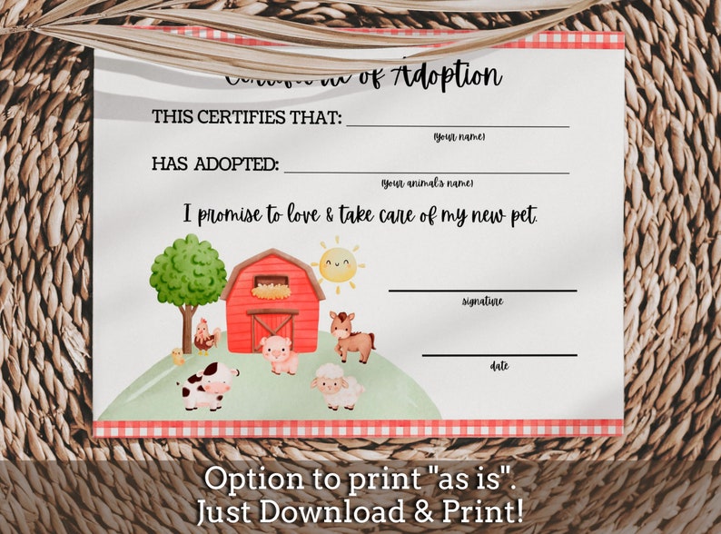 Adopt an Animal Adoption Certificate and Sign Adopt a Farm - Etsy