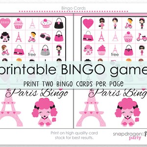 Paris Bingo Printable Party Game - Paris Birthday Party Game - Paris ...