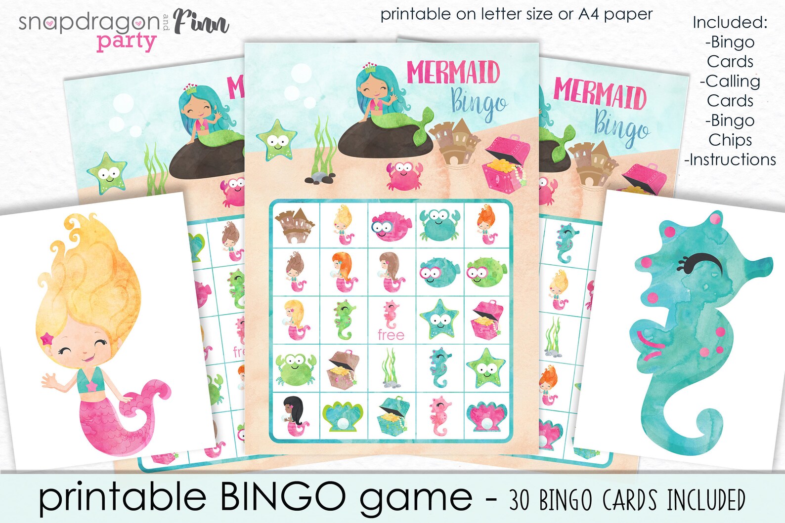 Mermaid Bingo Printable Game Printable Mermaid Birthday Party Game ...