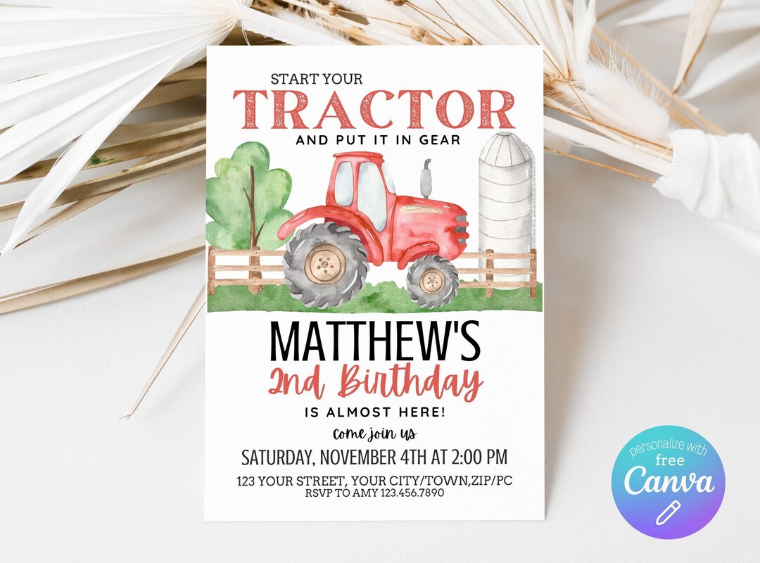 Editable Tractor Birthday Invitation, Red Tractor Invitation, Tractor ...