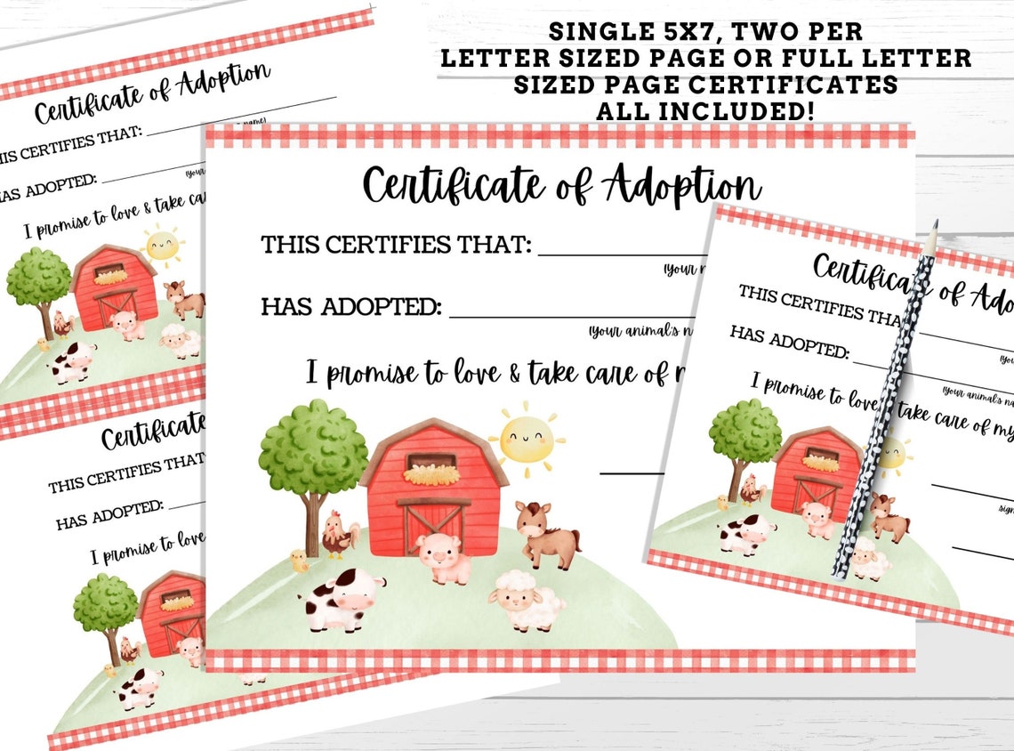 Adopt an Animal Adoption Certificate and Sign, Adopt a Farm Animal ...
