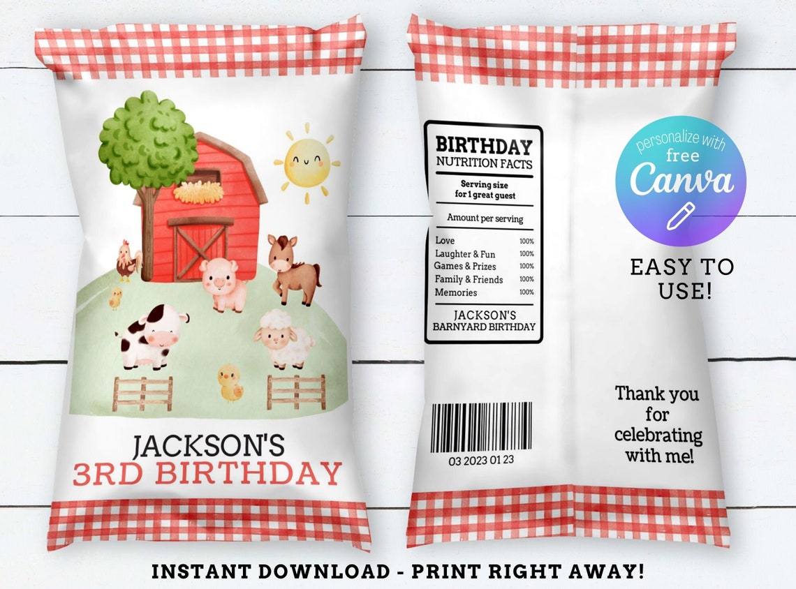 Editable Farm Animal Chip Bag Template - Barnyard Animals Chip Bag ...