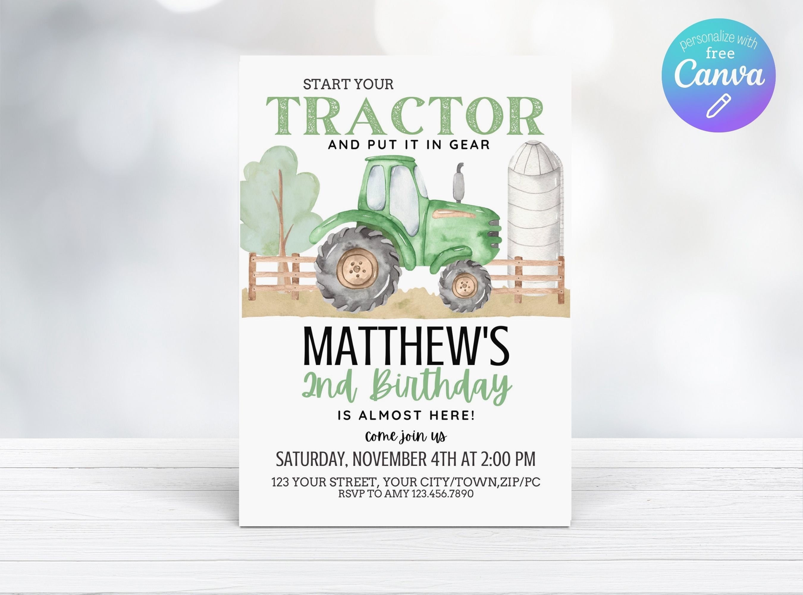 Editable Tractor Birthday Invitation, Green Tractor Invitation, Tractor ...