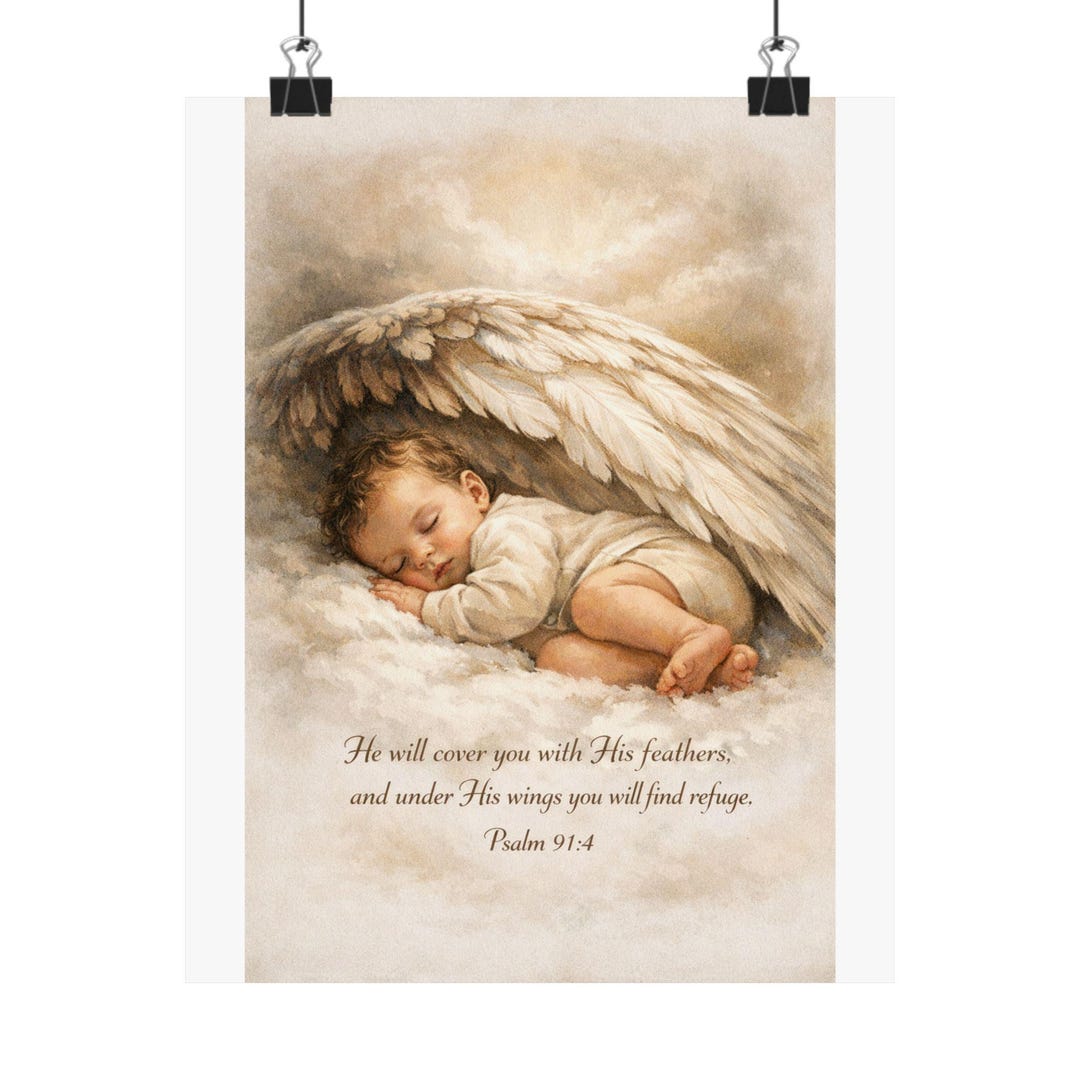 Sleeping Angel Baby Poster | Psalm 91:4 Christian Nursery Wall Art ...