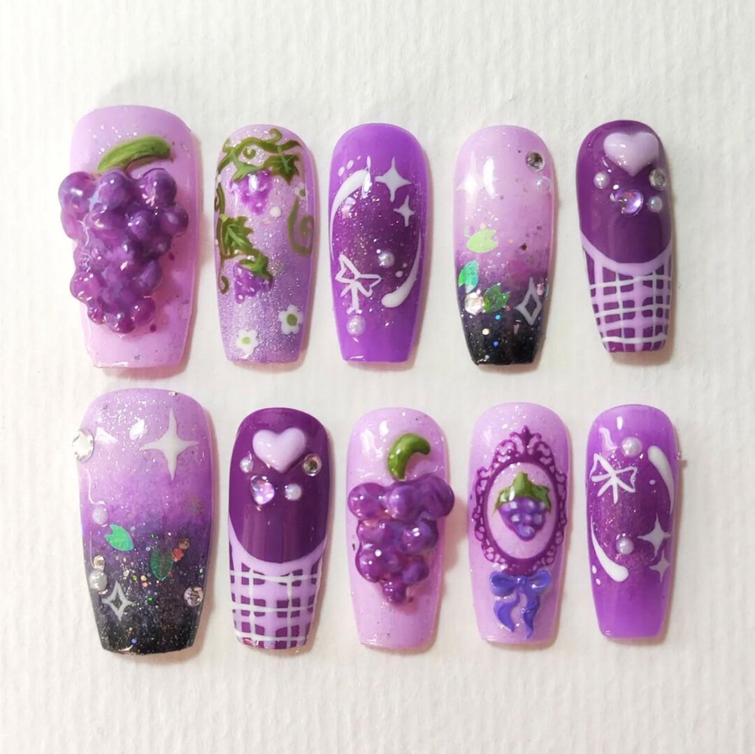 Hand Painted Press on Nails | Purple Grape Fairy Nail Art | Cute Pastel ...