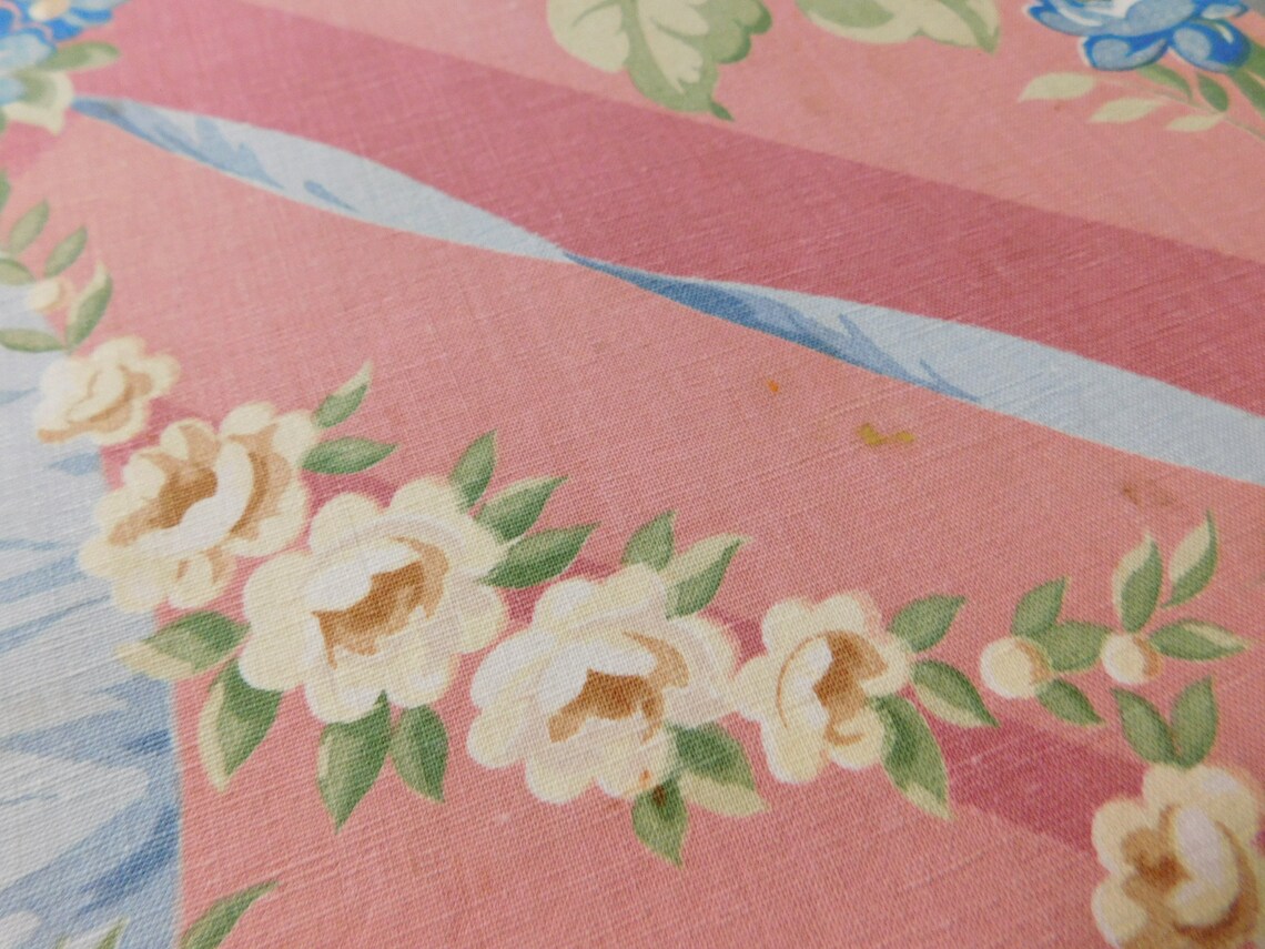 Vintage Fabric Drape Panel Blue Ribbons Mauve Pink Creamy Ivory Floral ...