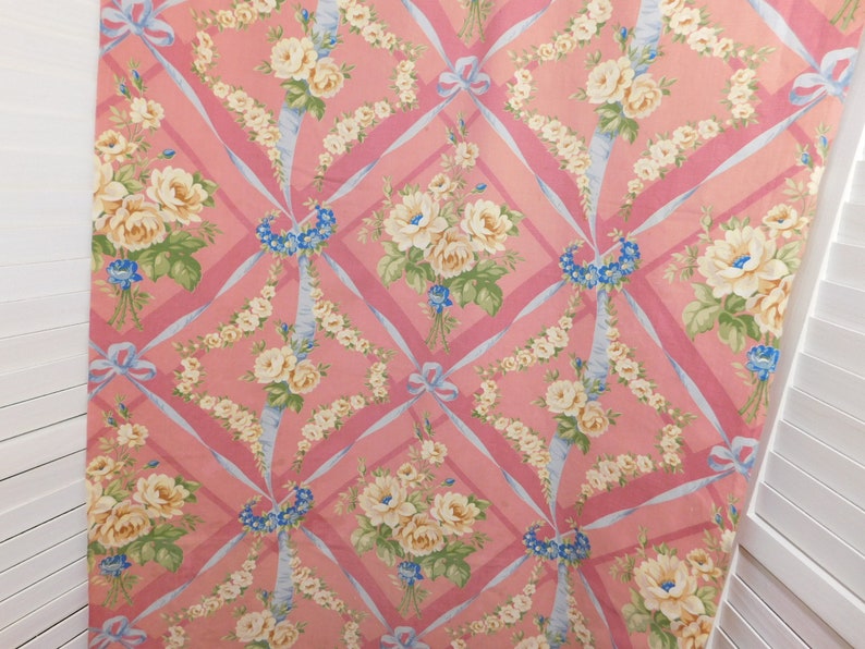 Vintage Fabric Drape Panel Blue Ribbons Mauve Pink Creamy Ivory Floral ...