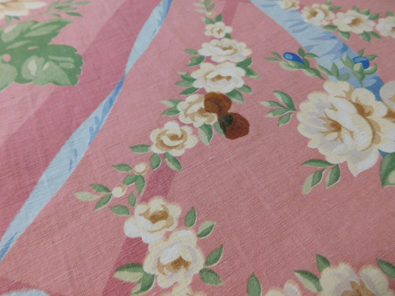 Vintage Fabric Drape Panel Blue Ribbons Mauve Pink Creamy Ivory Floral ...