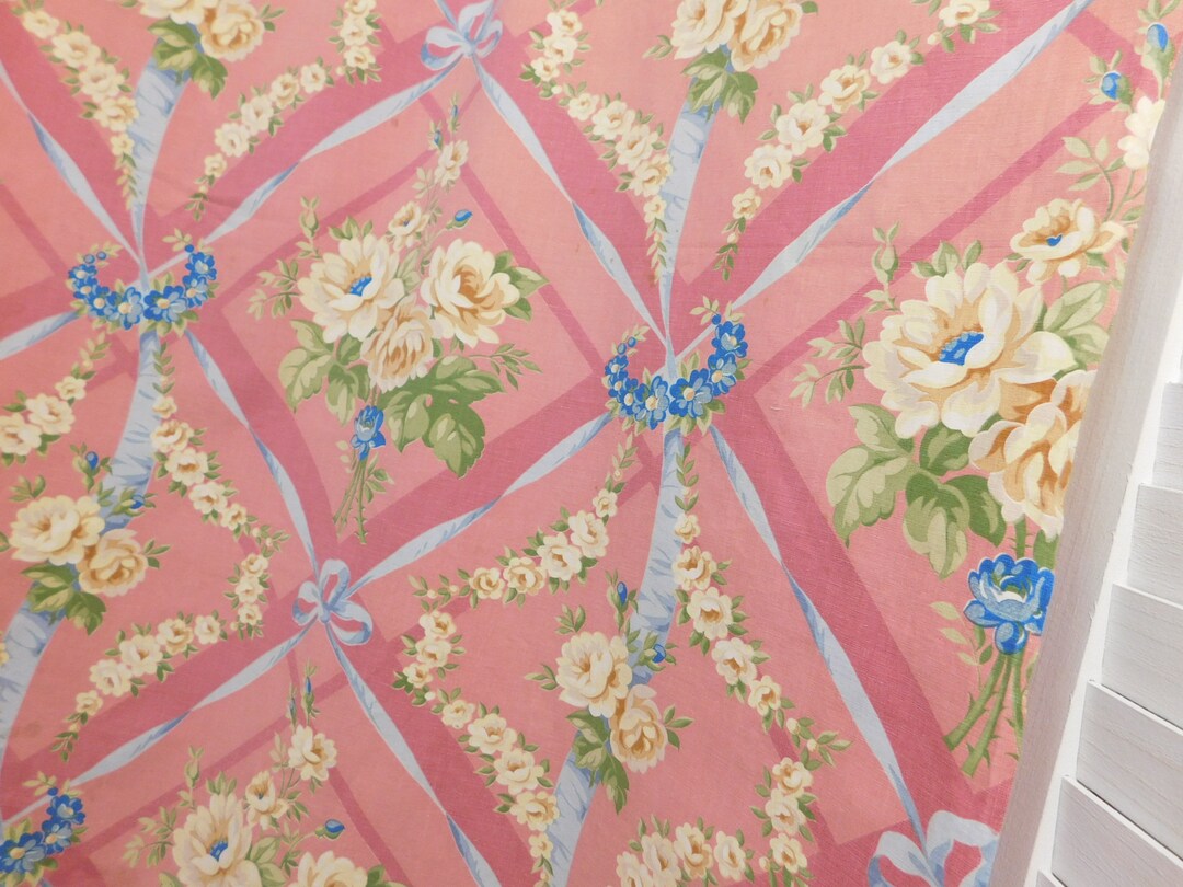 Vintage Fabric Drape Panel Blue Ribbons Mauve Pink Creamy Ivory Floral ...