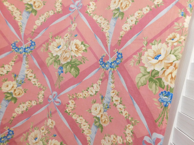 Vintage Fabric Drape Panel Blue Ribbons Mauve Pink Creamy Ivory Floral ...