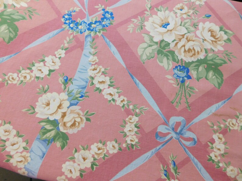 Vintage Fabric Drape Panel Blue Ribbons Mauve Pink Creamy Ivory Floral ...