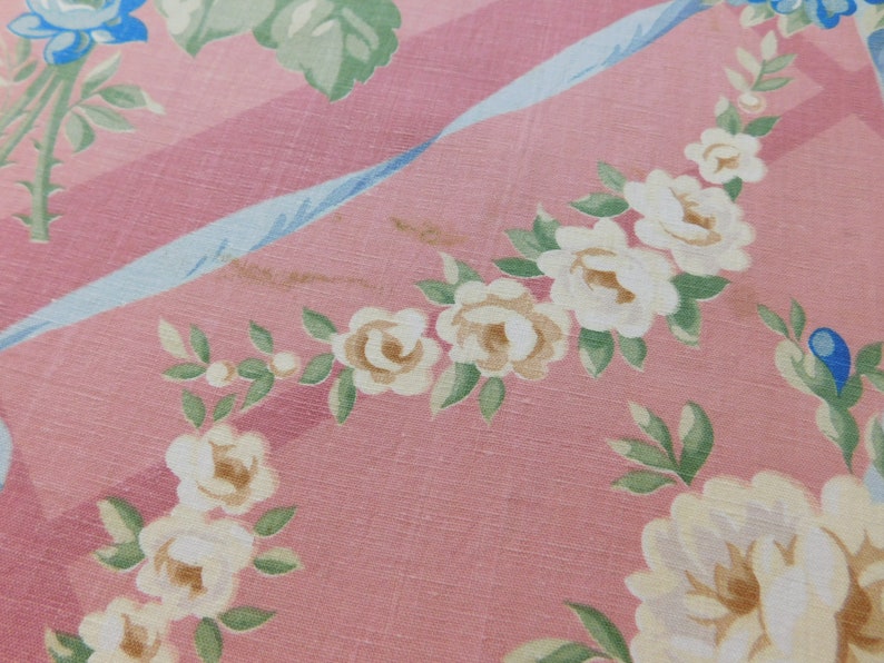 Vintage Fabric Drape Panel Blue Ribbons Mauve Pink Creamy Ivory Floral ...