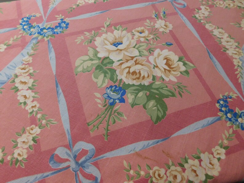 Vintage Fabric Drape Panel Blue Ribbons Mauve Pink Creamy Ivory Floral ...