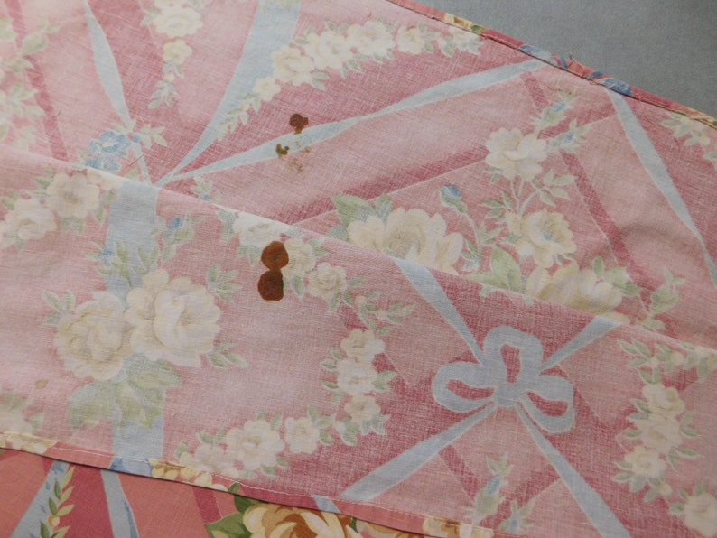 Vintage Fabric Drape Panel Blue Ribbons Mauve Pink Creamy Ivory Floral ...