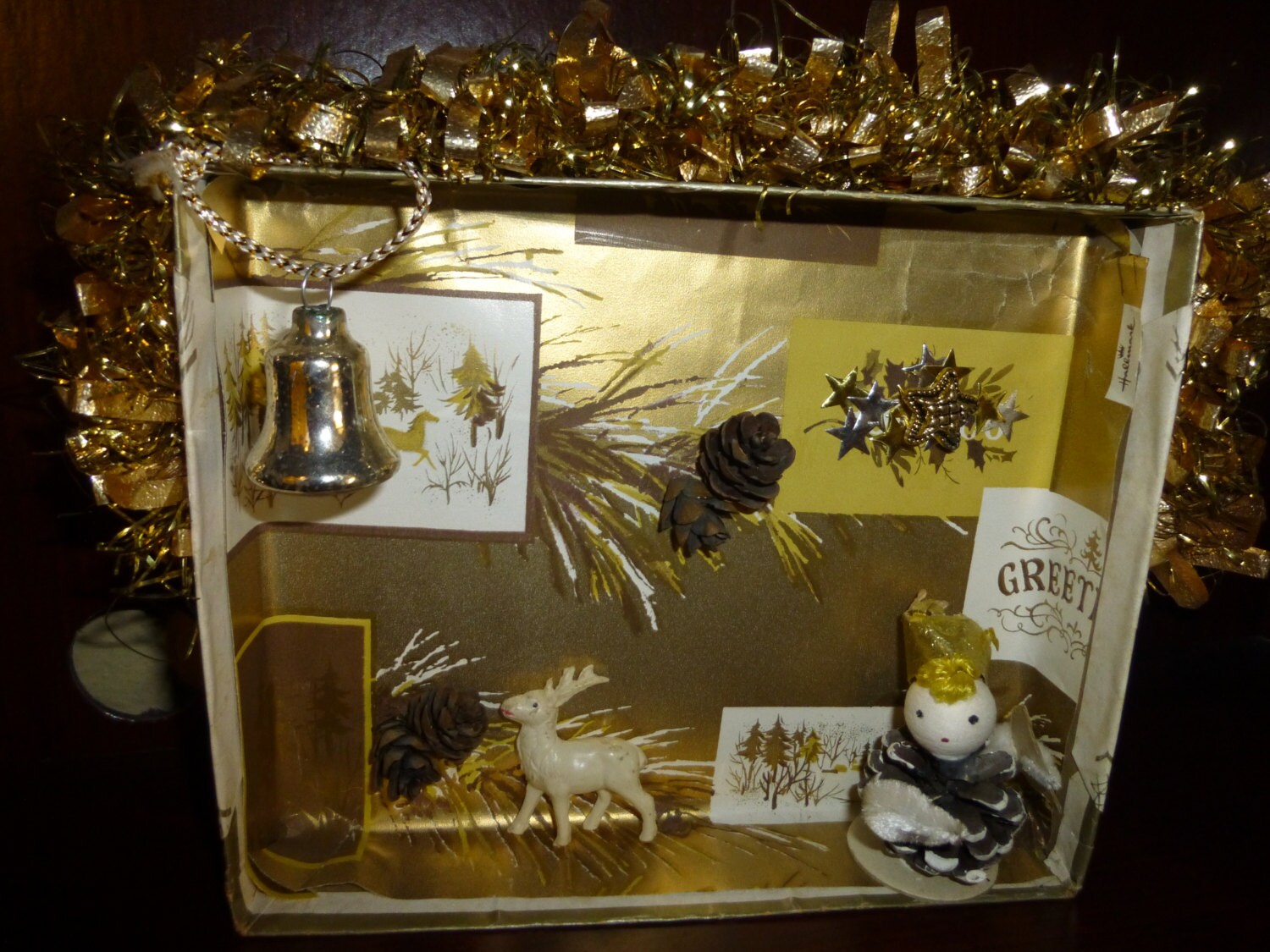 Shadow Box Christmas Holiday Vintage Inspired Gold and Pine Cone Theme ...