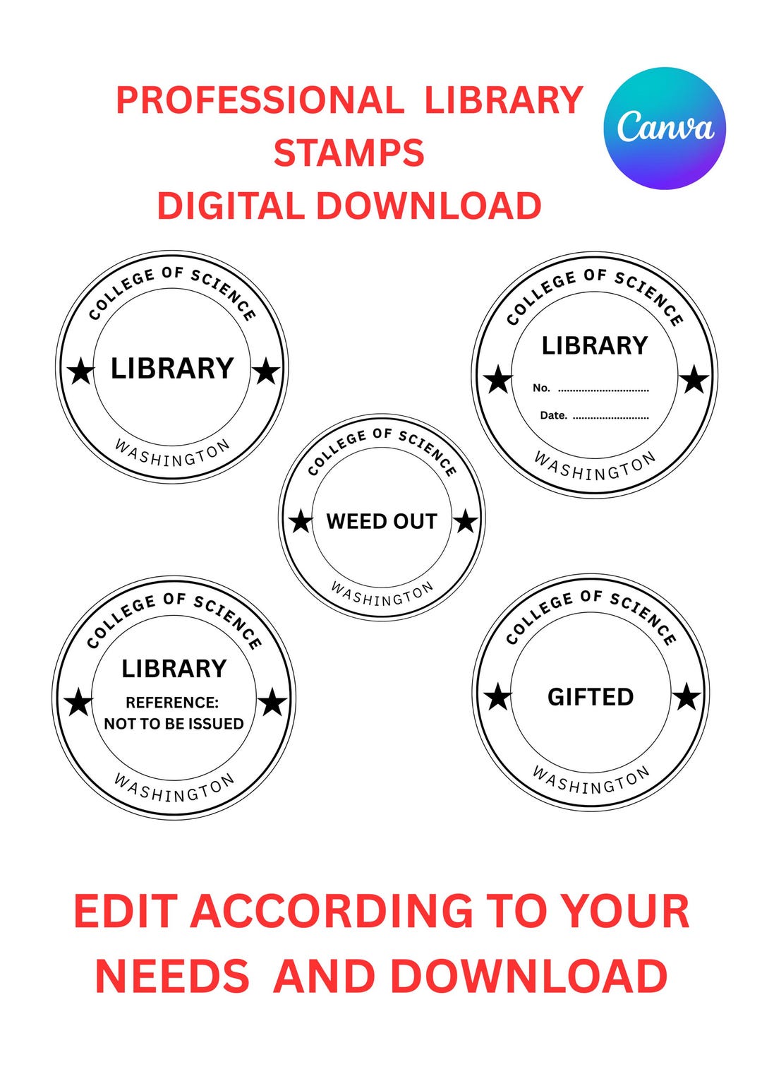 Library Card Stamps, Digital Editable Book Stamps, Custom Libris, Junk ...