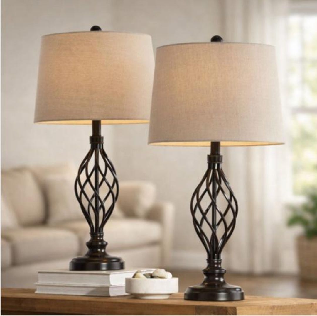 Set of 2 Rustic Farmhouse Table Lamps 28" Tall Bronze Metal With Scroll ...
