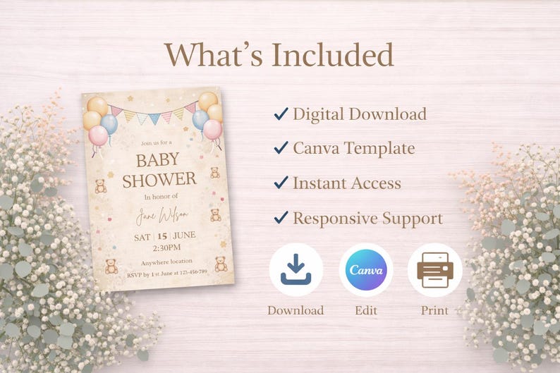 Neutral Baby Shower Invitation Template, Balloons & Teddy Bears ...