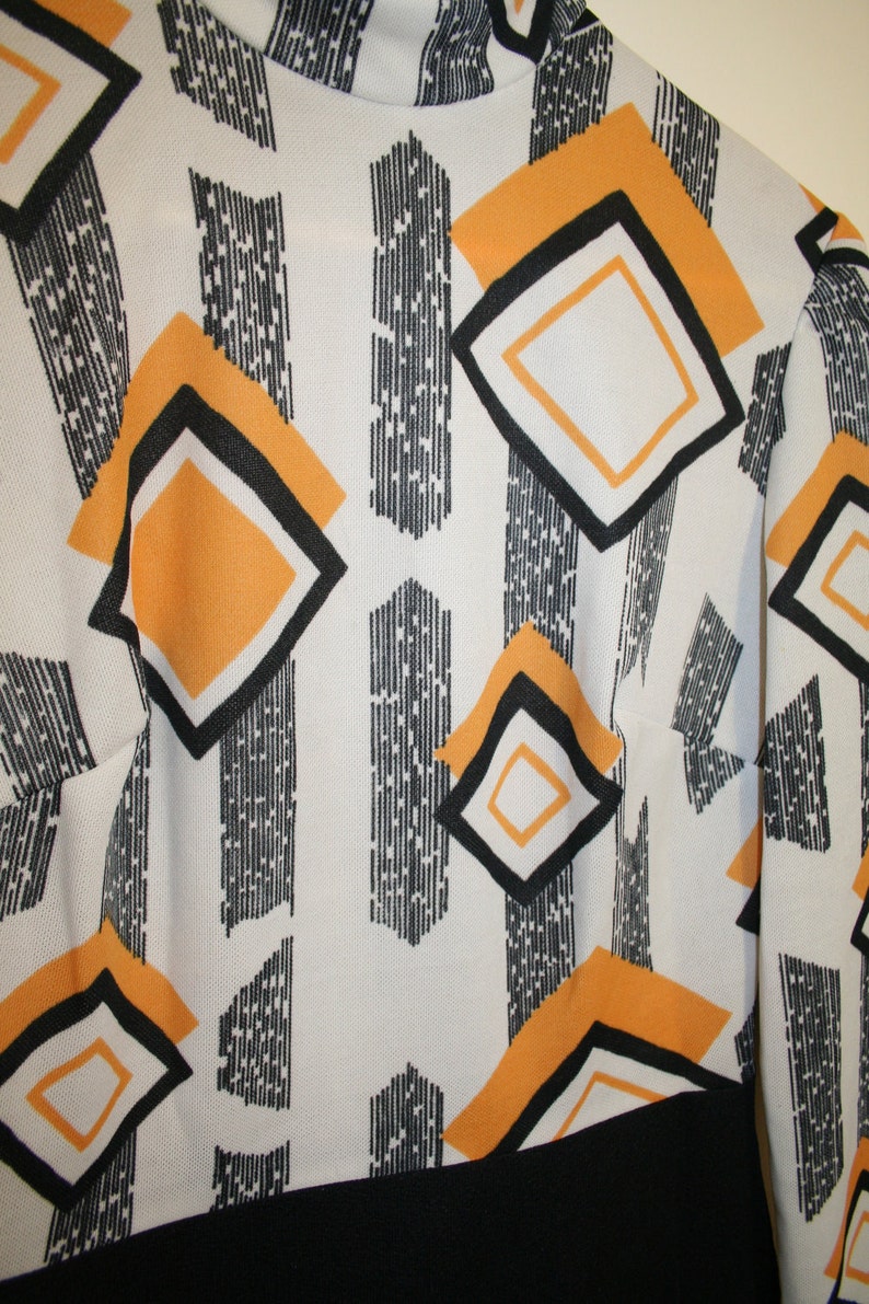1960's Diamond Pattern, Mustard Yellow, Black and White Knee Length ...