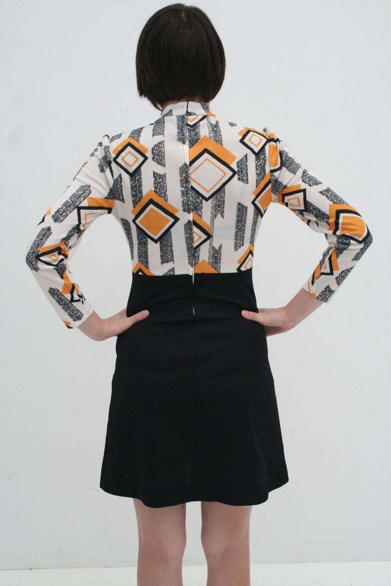 1960's Diamond Pattern, Mustard Yellow, Black and White Knee Length ...