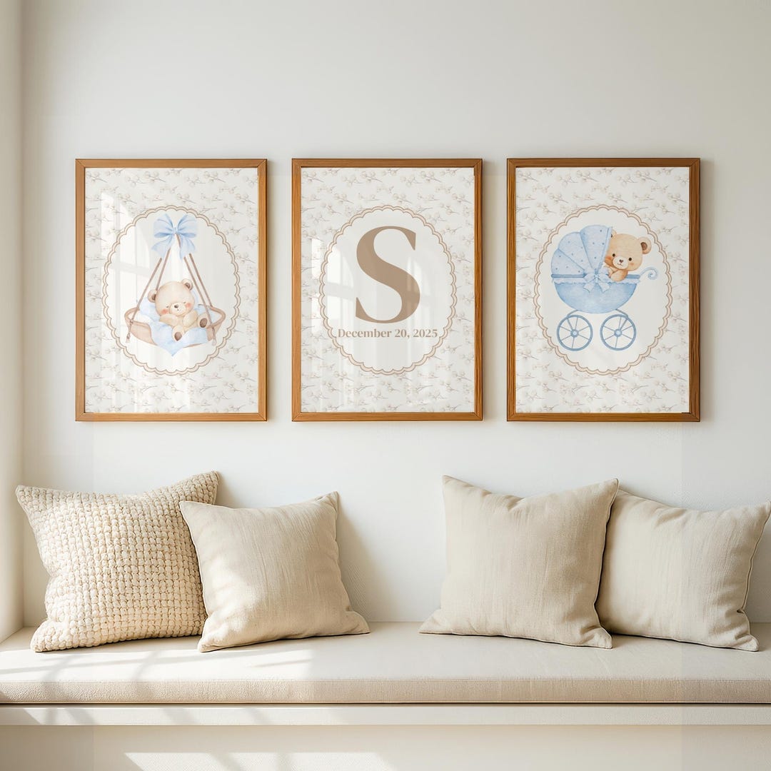 Personalized Nursery Wall Art Set of 3, Custom Baby Initial and Birth ...
