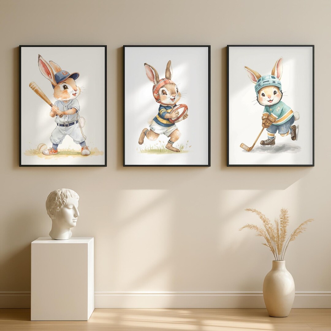 Sports Bunny Nursery Wall Art Set of 3, Baseball Rugby Hockey Prints ...