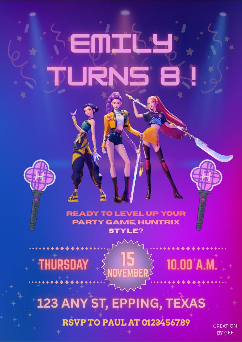Huntrix Birthday Invitation Canva Editable | Huntrix Party Invite ...