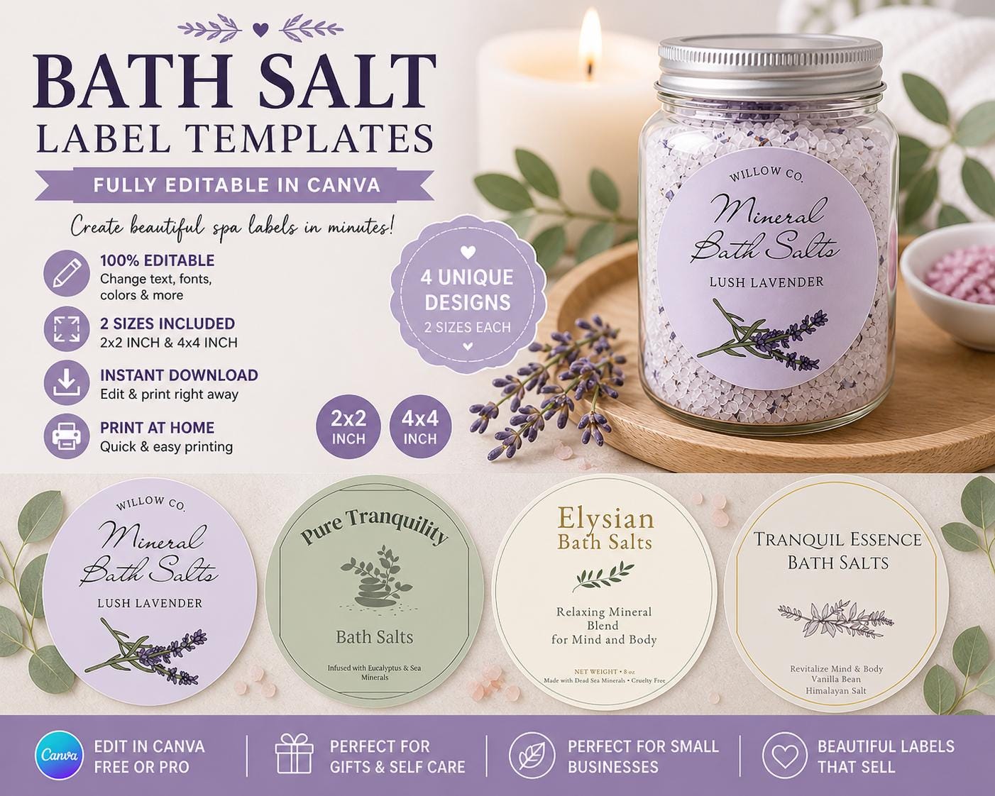 Bath Salt Label Template Canva | Editable Spa Label 2x2 & 4x4 ...