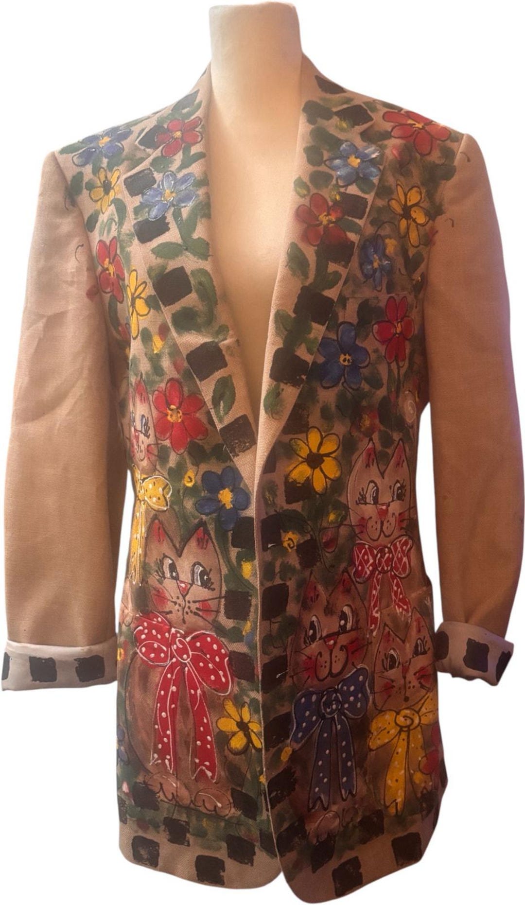 Vintage Hand Painted Art to Wear Blazer, Cat & Floral Design, Medium ...