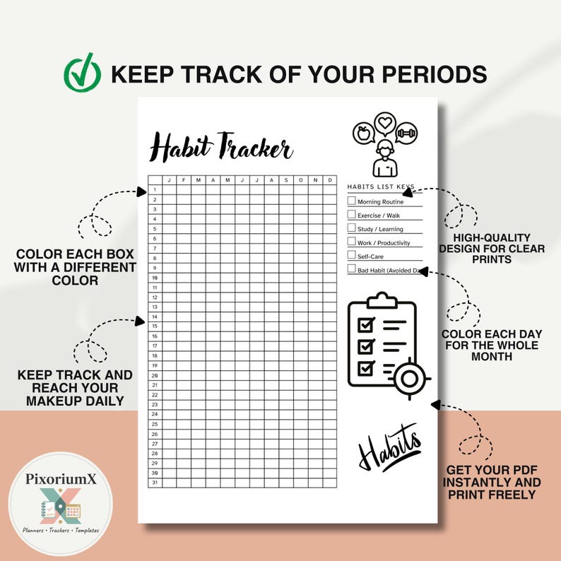 Habit Tracker Printable, Year in Pixels Routine Bullet Journal Page ...