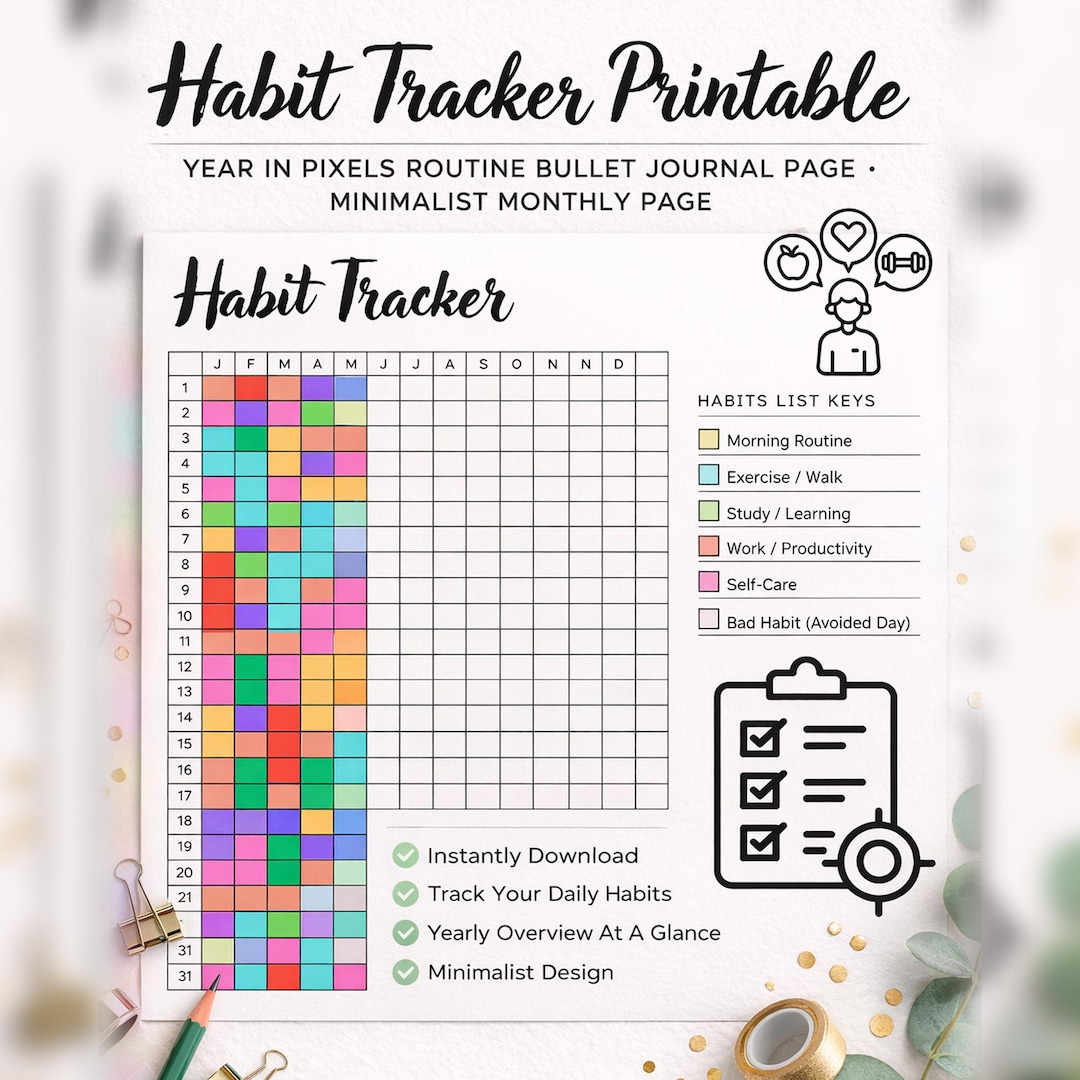Habit Tracker Printable, Year in Pixels Routine Bullet Journal Page ...