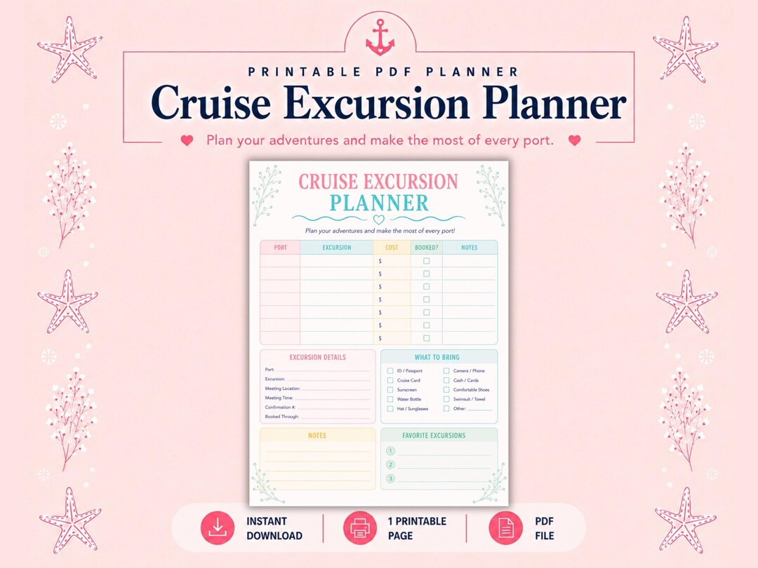 Cruise Excursion Planner Printable PDF, Shore Excursion Tracker, Cruise ...