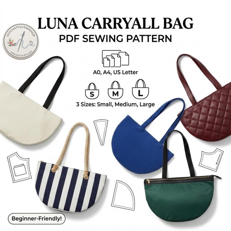 Luna Crescent Tote Bag Sewing Pattern - Half Moon Shoulder Bag ...