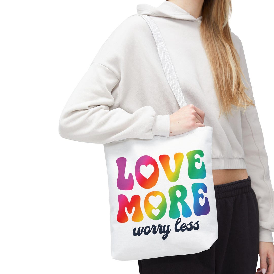 Love More Worry Less Tote Bag | Rainbow Heart Typography - Etsy