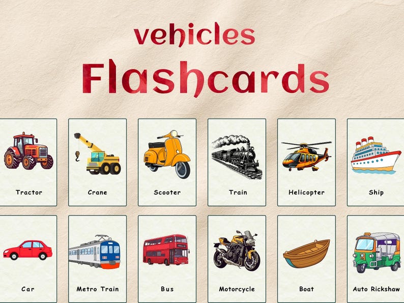 20-printable Vehicles Flashcards for Kids, Transport Learning Cards ...