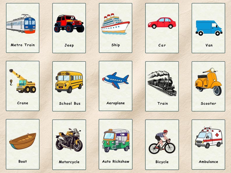 20-printable Vehicles Flashcards for Kids, Transport Learning Cards ...