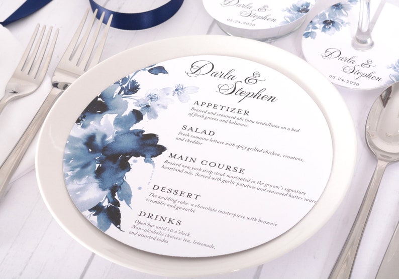Round Wedding Menus Wedding Plate Menus FREE Matching Wine | Etsy